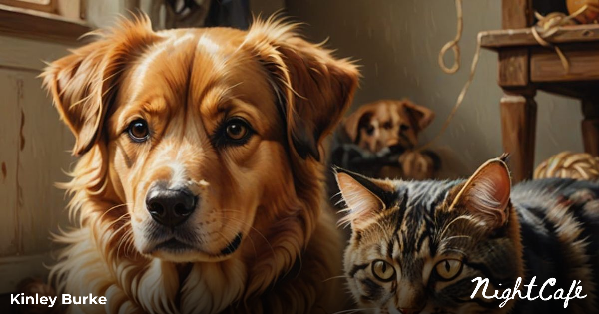 Realistic Oil Painting of Dog and Cat in Warm Gold... - AI Art