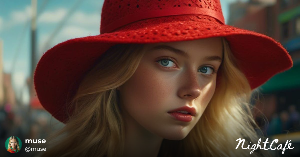 cute blonde girl with freckles wearing red NYC hat, long blonde hair captivate green eyes ...