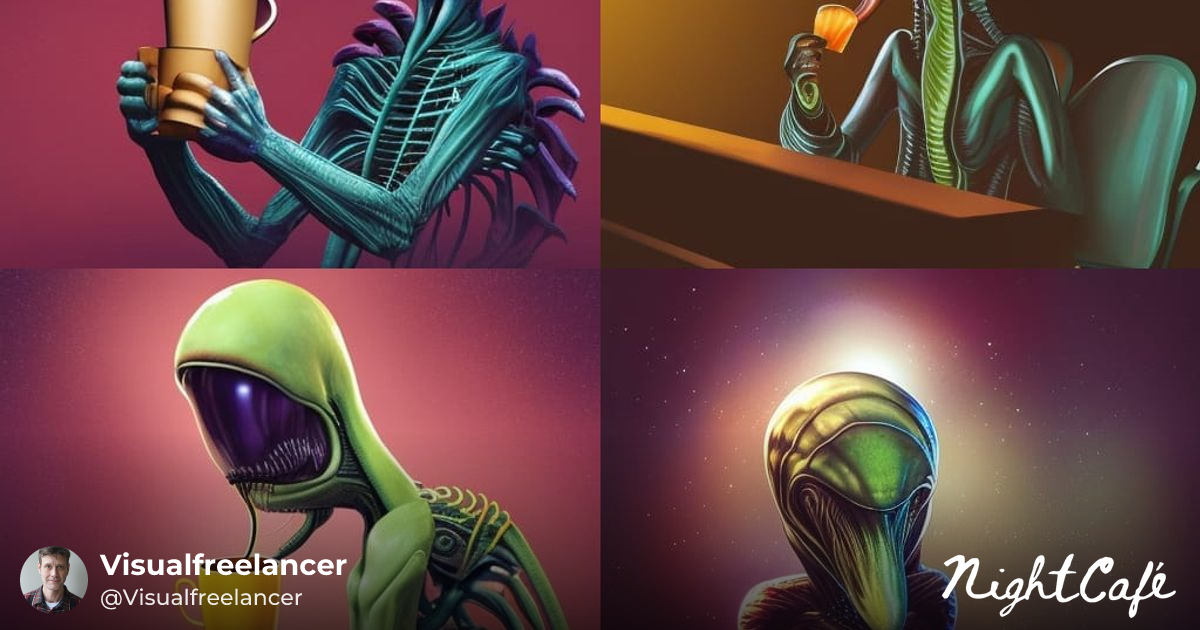 Alien drinking coffee (Hyperrealistic)