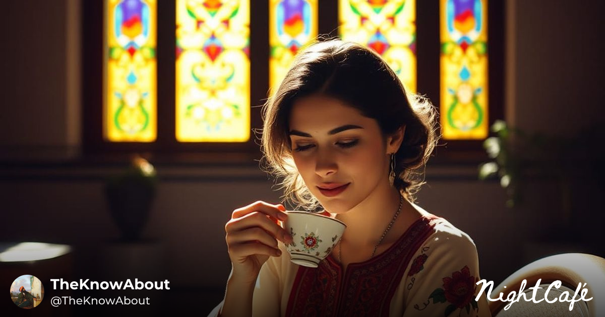 Cinematic film still. - Contemplative Woman in Sunlit Courty...