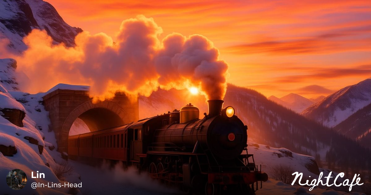 Steam Train Powers Through Snowy Mountain Tunnel - AI Art