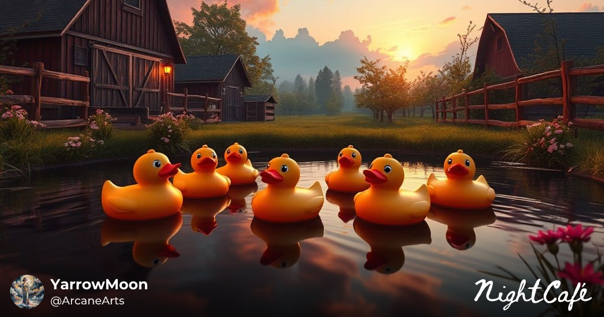 Rubber Ducks in a Farmyard Pond - Whimsical Farmyard Scene U...
