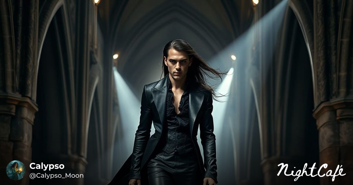 handsome vampire model strides confidently down a runway in a gothic ...