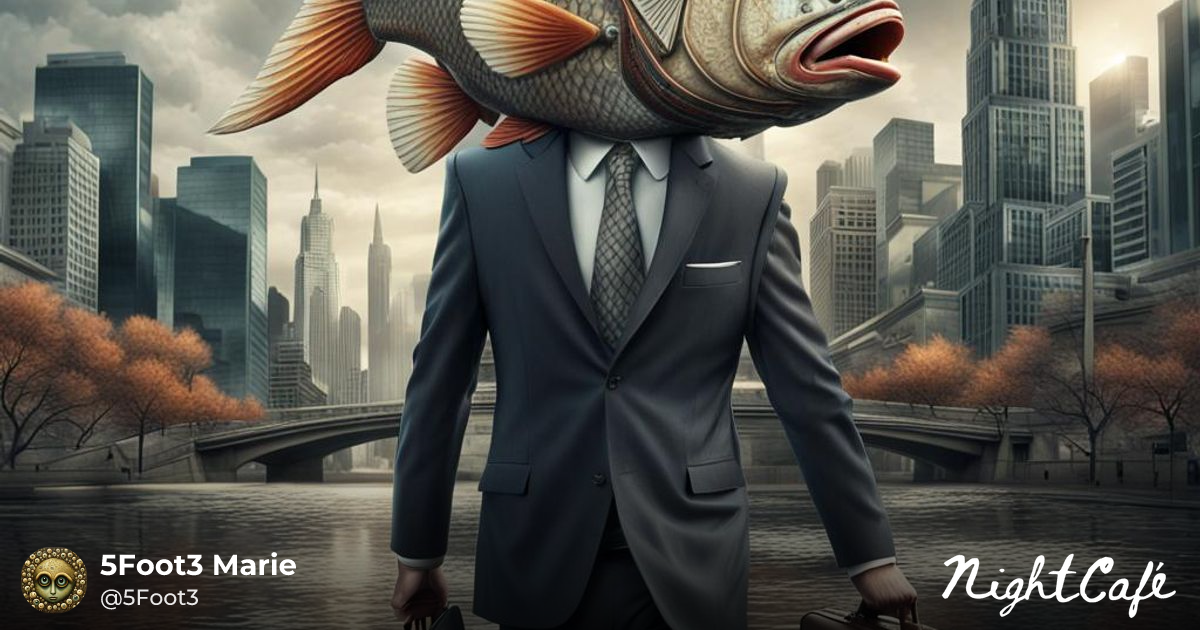 City Slicker. - Fish-Headed Man Commutes in Cityscape