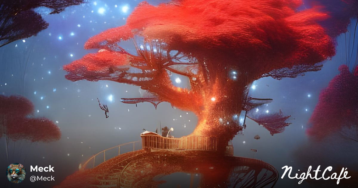 Treestairway - Red Treehouse with Galaxy Stars, Hyperdetail...
