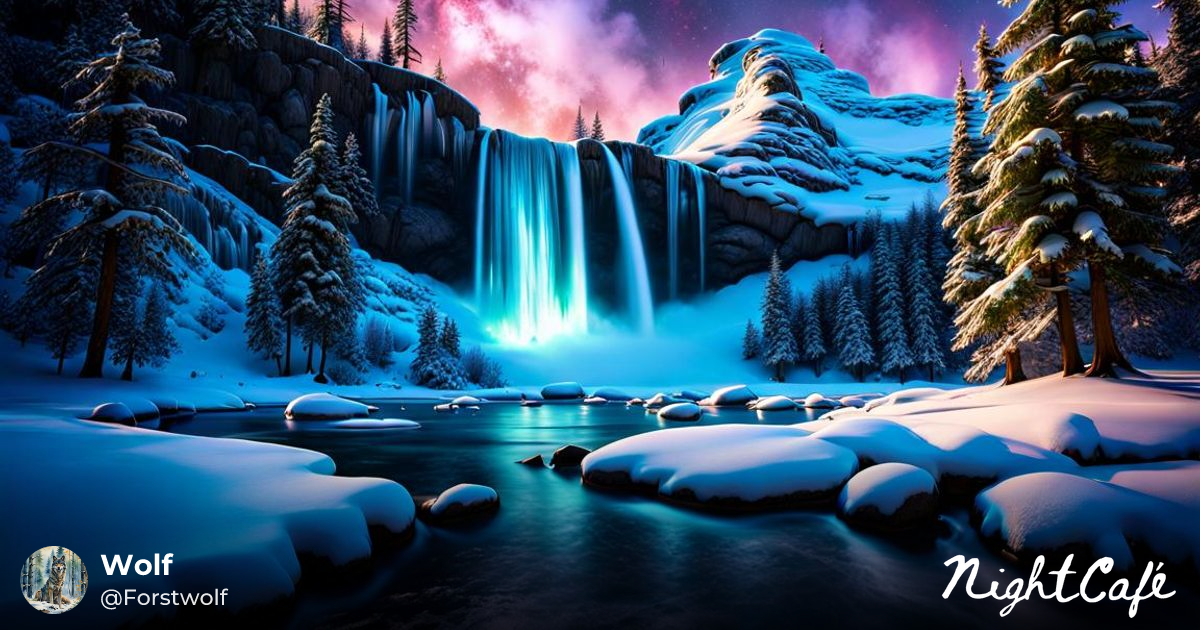 Frozen Night Waterfall I - Frozen Waterfall Under Aurora Bor...