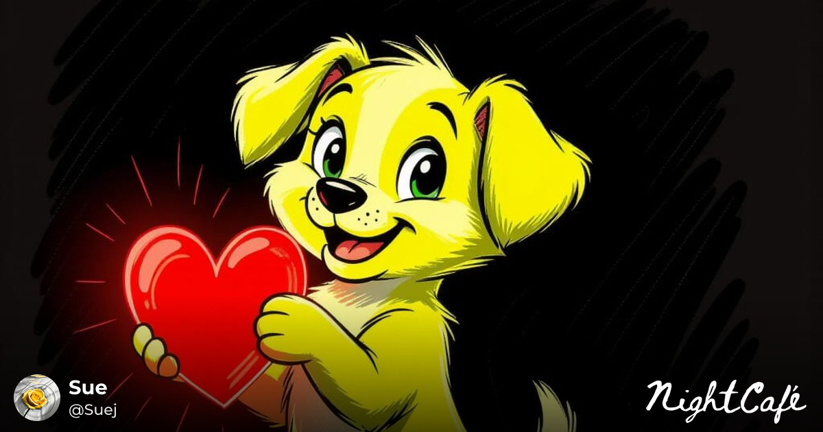 Neon Yellow Puppy Holds Red Heart in Cartoon Sketc... - AI Art