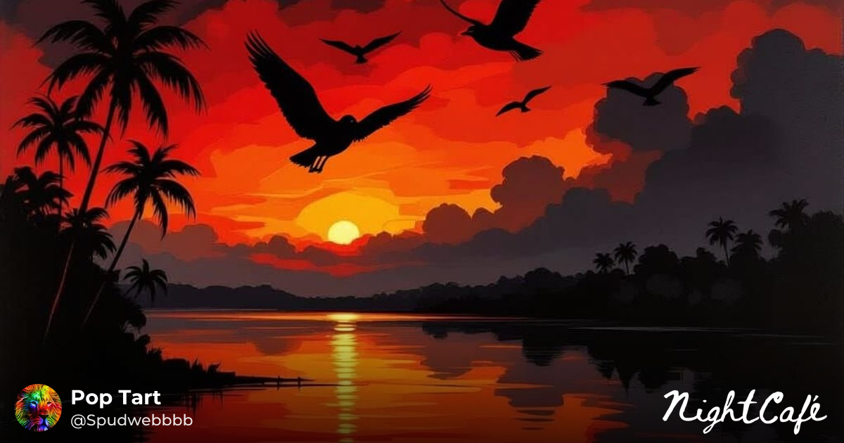 Tropical Sunset Over Orange Water in Dark Impressi... - AI Art