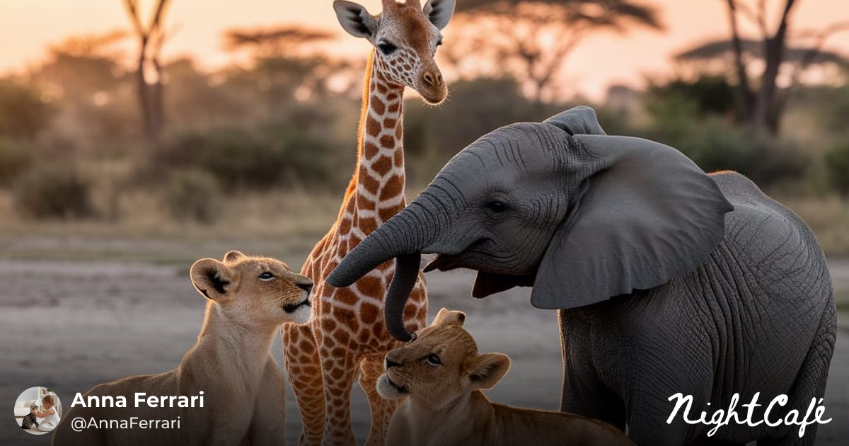 Lion Cubs Play with Giraffes and Elephants - AI Art