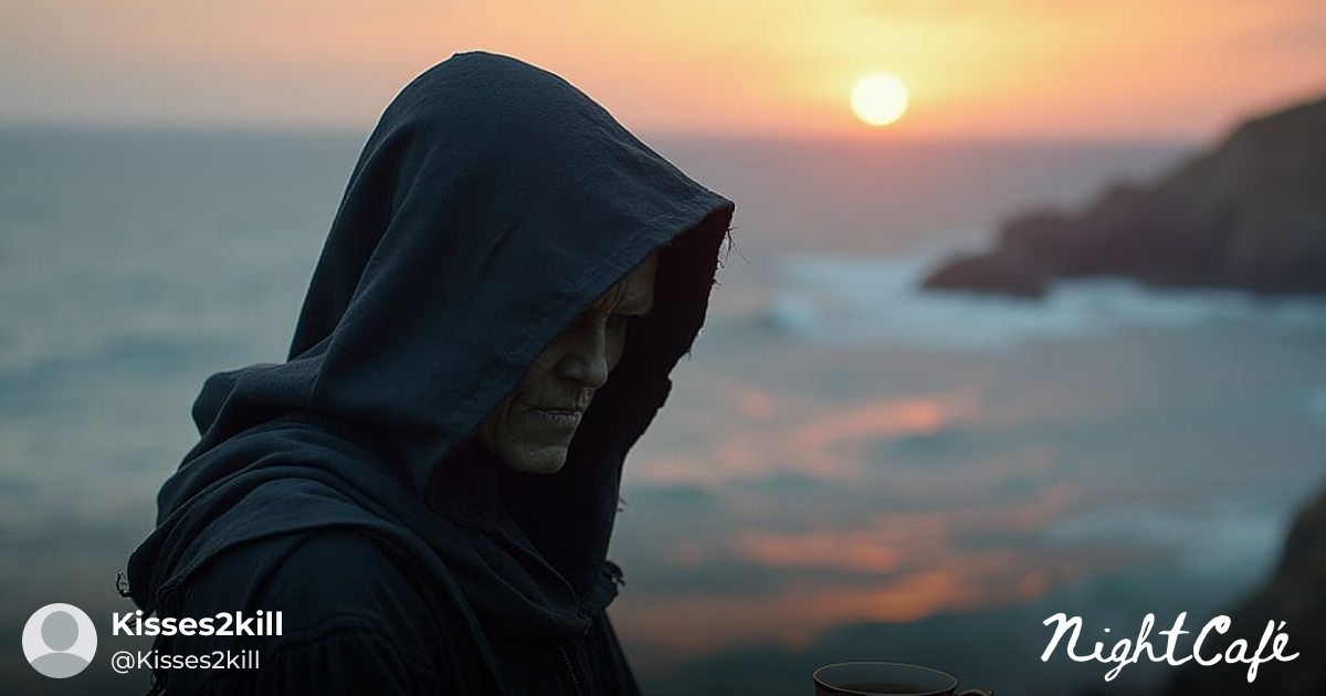 One sip closer to the end - Grim Reaper Sips Tea at Sunset