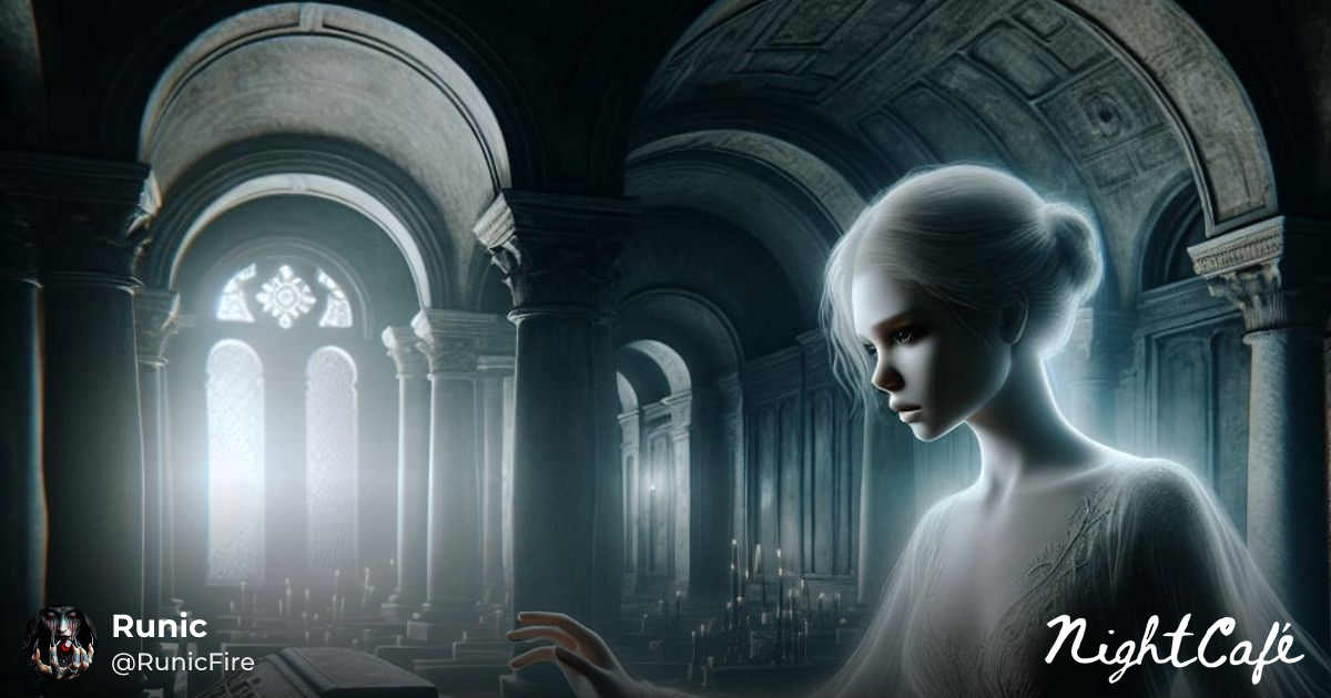 ethereal ghostly spectral woman standing in an ancient mosoleum staring ...