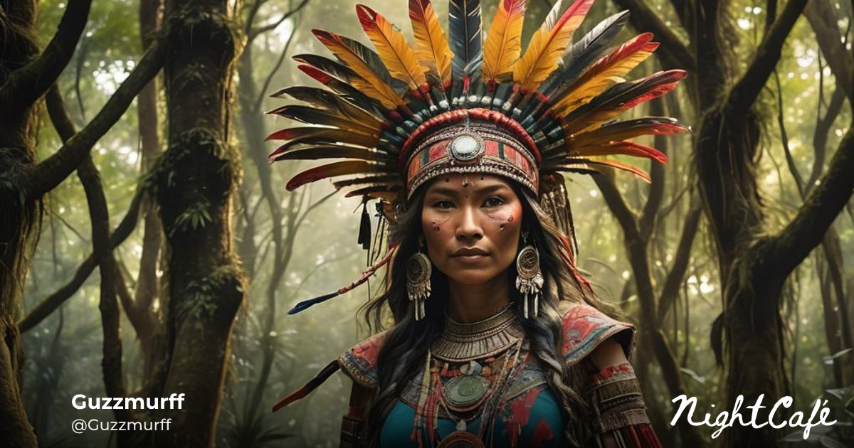 Inca Headdress: Mythical Woman in Forest, Anime St... - AI Art