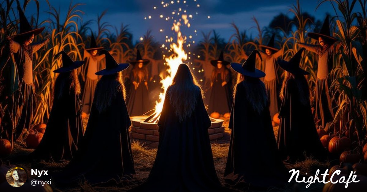 Witches Coven in Starlit Corn Maze with Ghostly Sc... - AI Art