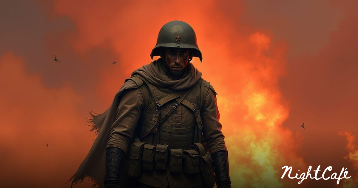 Warrior Defies Chaos in a Fiery Red Hellscape - AI Art