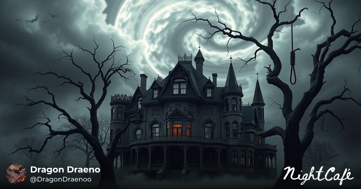 A sinister, foreboding mansion set against a stormy sky, illustrating a ...