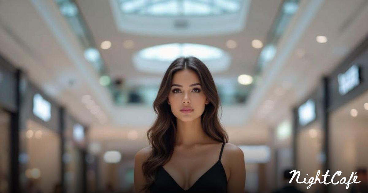 Girl in Black Dress at Shopping Mall, DSLR Quality - AI Art