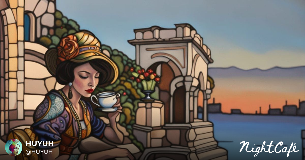 woman drinking tea - Art Nouveau Woman Drinking Tea in Alley...