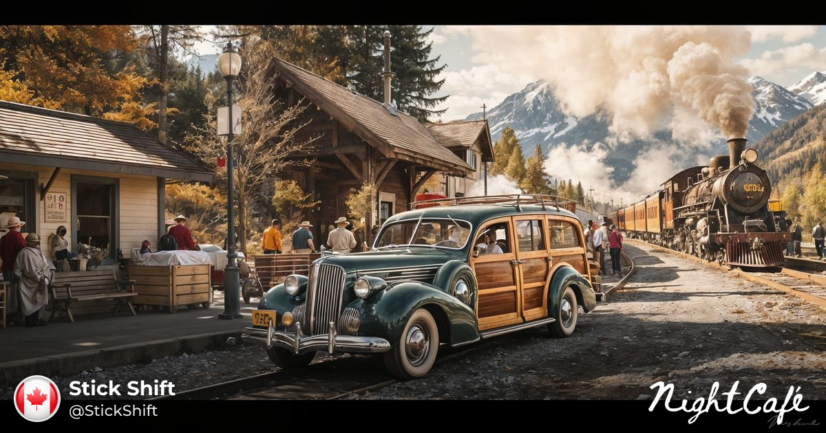 1940 Packard Model 180 Eight Woodie Wagon parked a the railway station in Golden British ...