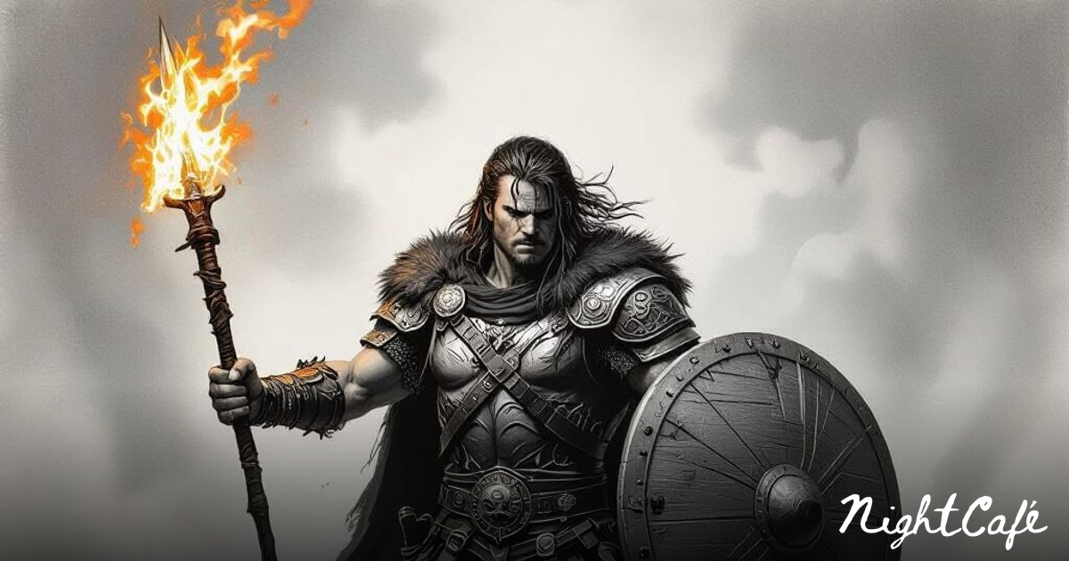 Orlanthi Warrior with Flaming Spear: Charcoal Draw... - AI Art