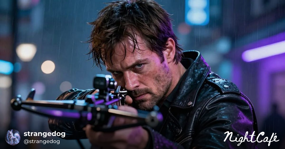 the hunter - Daryl Dixon Aims Crossbow in Rainy Neon City