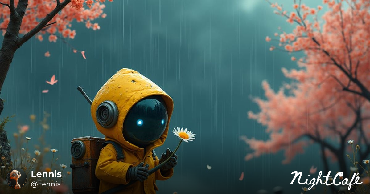 Sad Robot Picks Flowers Under Stormy Sky - AI Art