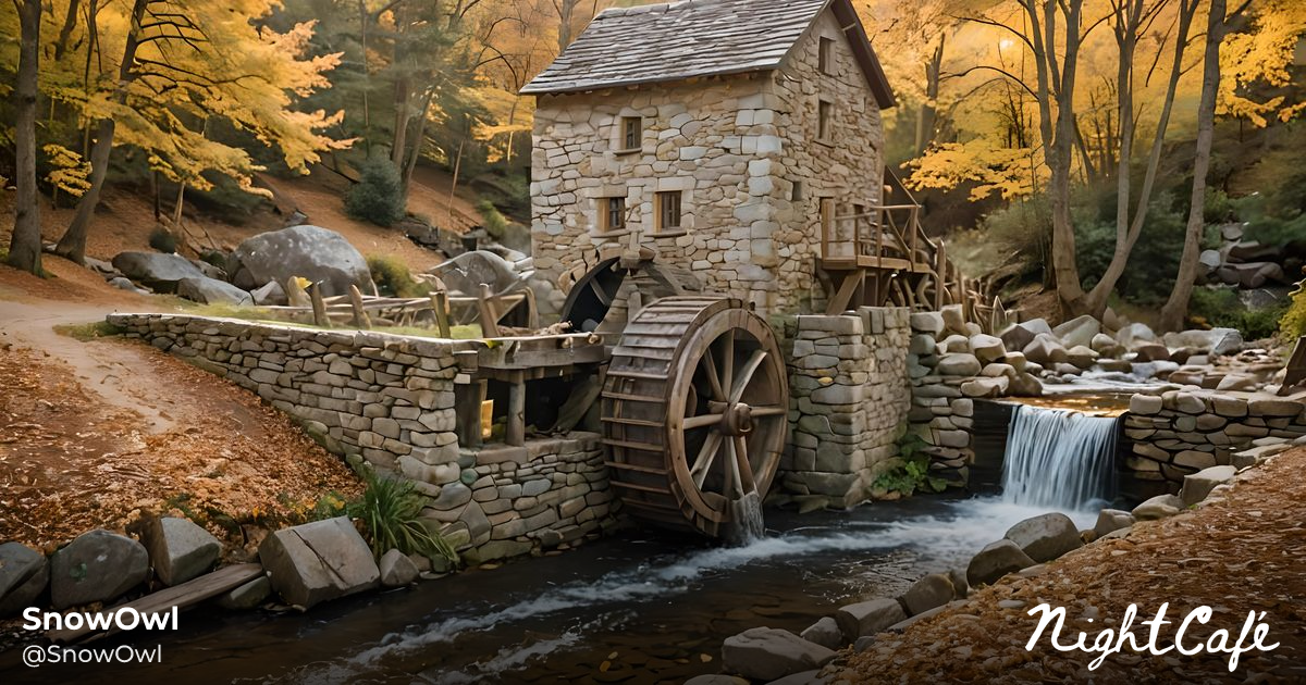 a photograph of a realistic A watermill to grind grain, beside a stream ...