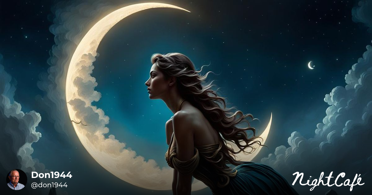 Girl on Moon Silhouette Over Sea: Digital Illustra... - AI Art
