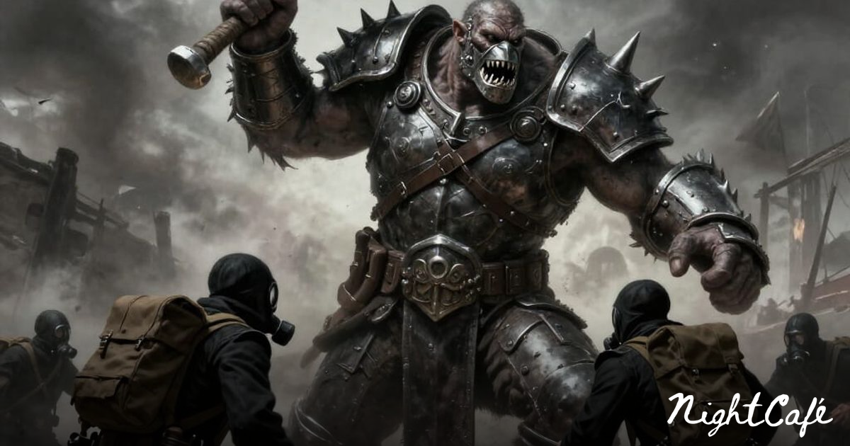 Muscular Orc Warrior in Scrap Armor Wields Warhamm... - AI Art