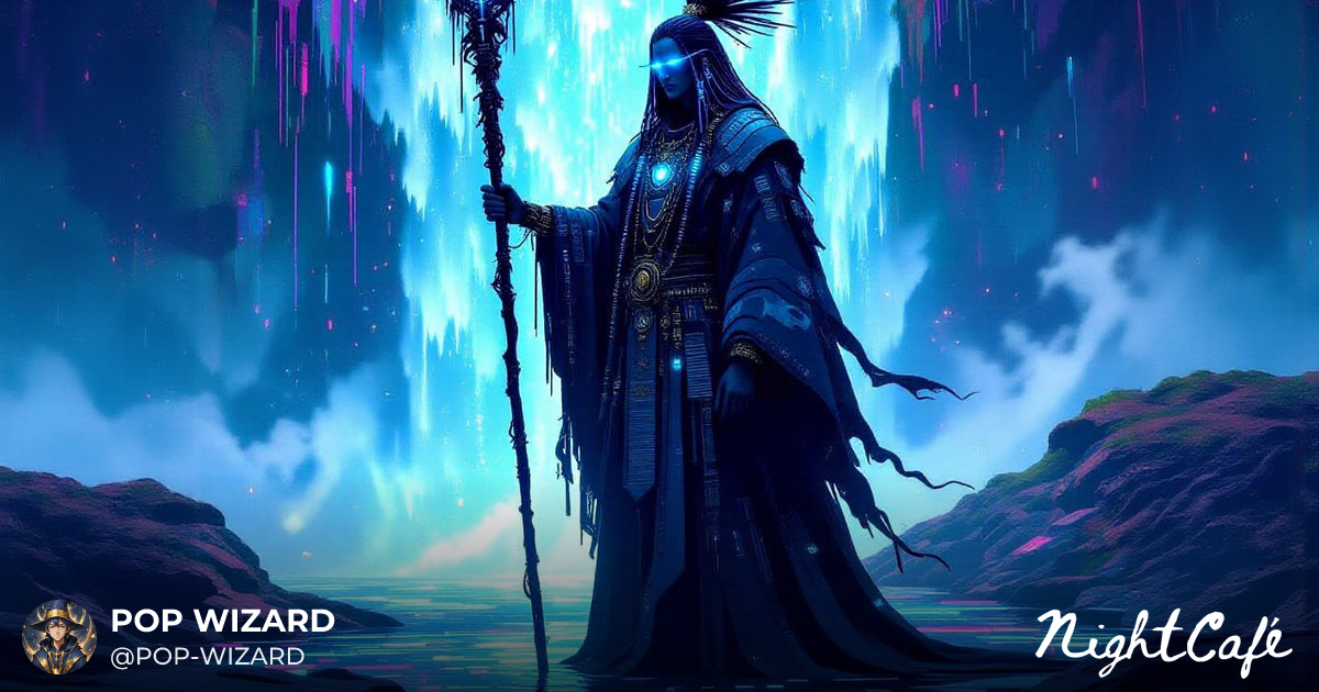 Digital Shaman & Binary Waterfall in Art Nouveau S... - AI Art