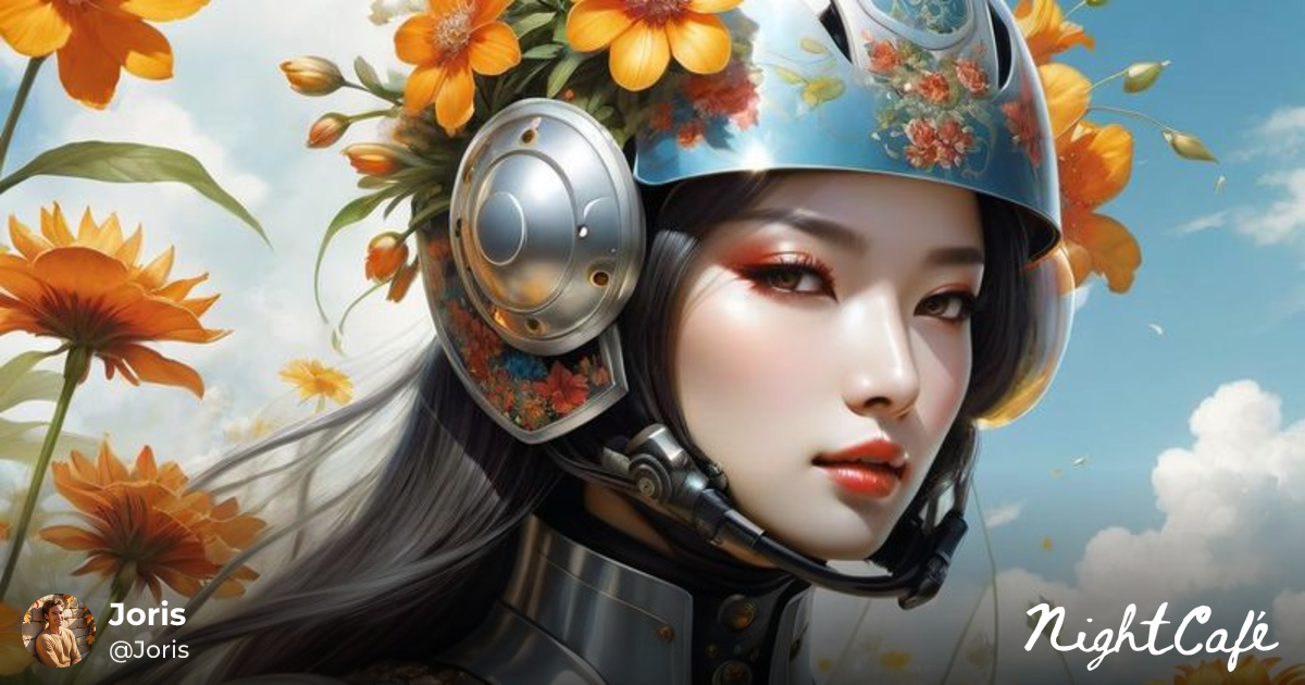 Cute Cyborg Girl wearing her Summer Flower Helmet
