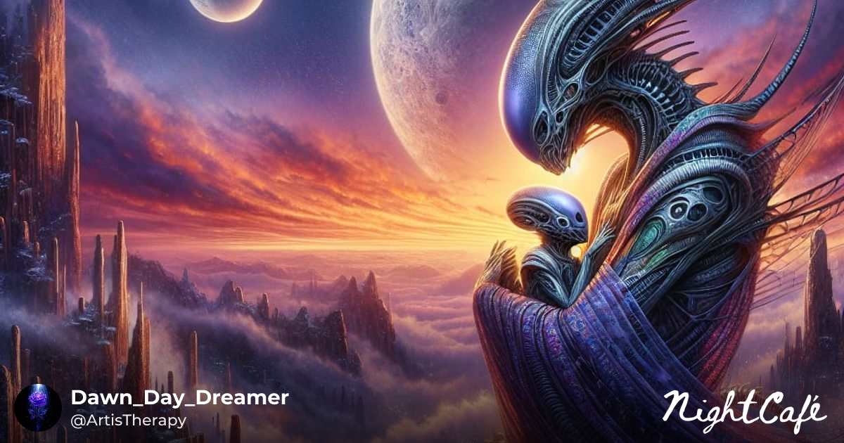 Planet S247e - Alien Mother and Child at Sunset