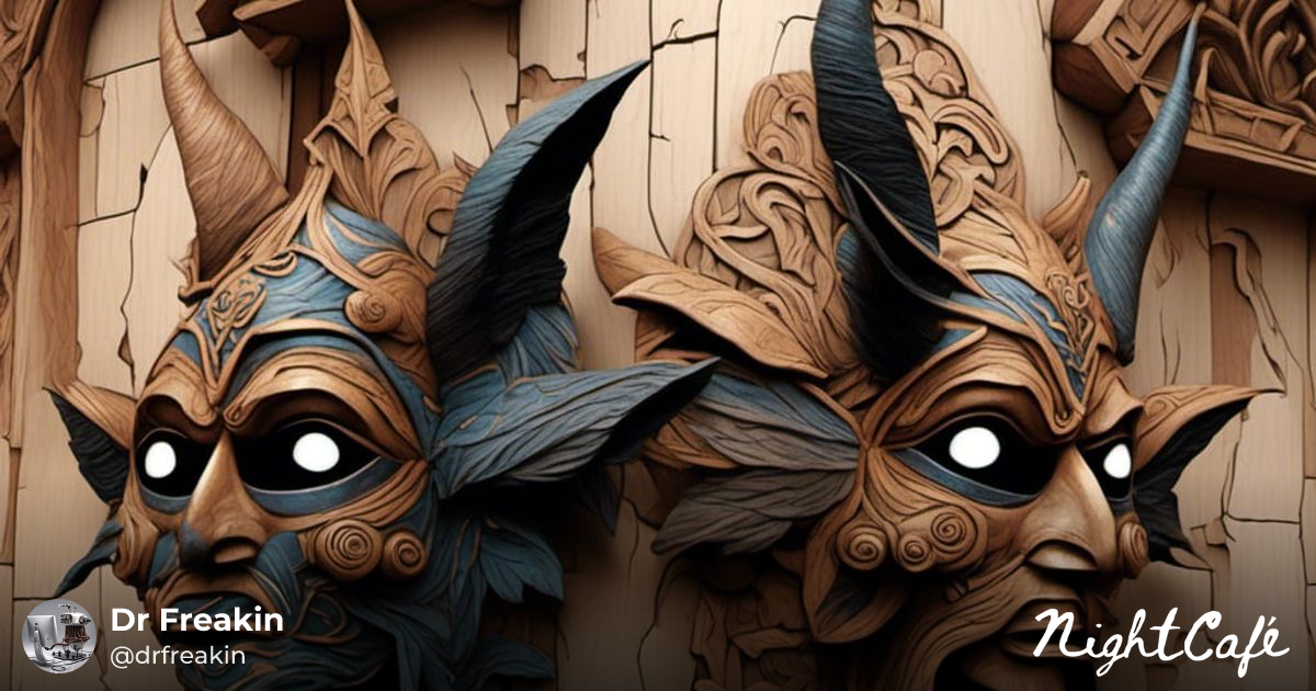 Two Wooden Masks - Wooden Mask with Tiny Figures