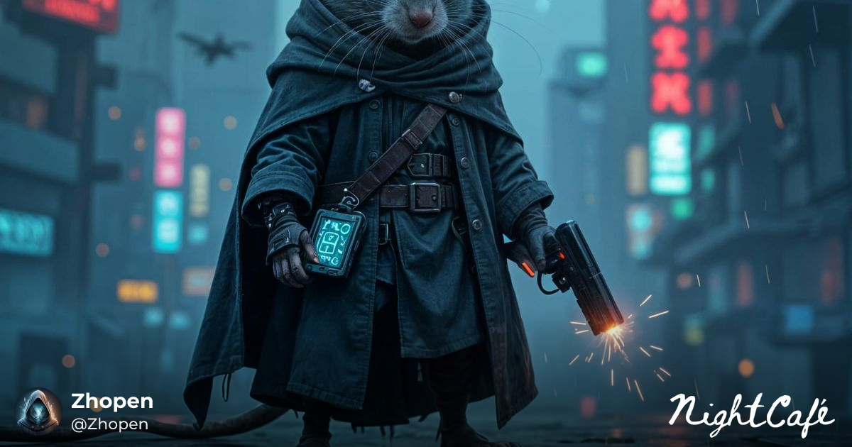 Cyberpunk Mouse Fugitive in Rainy Megacity - AI Art