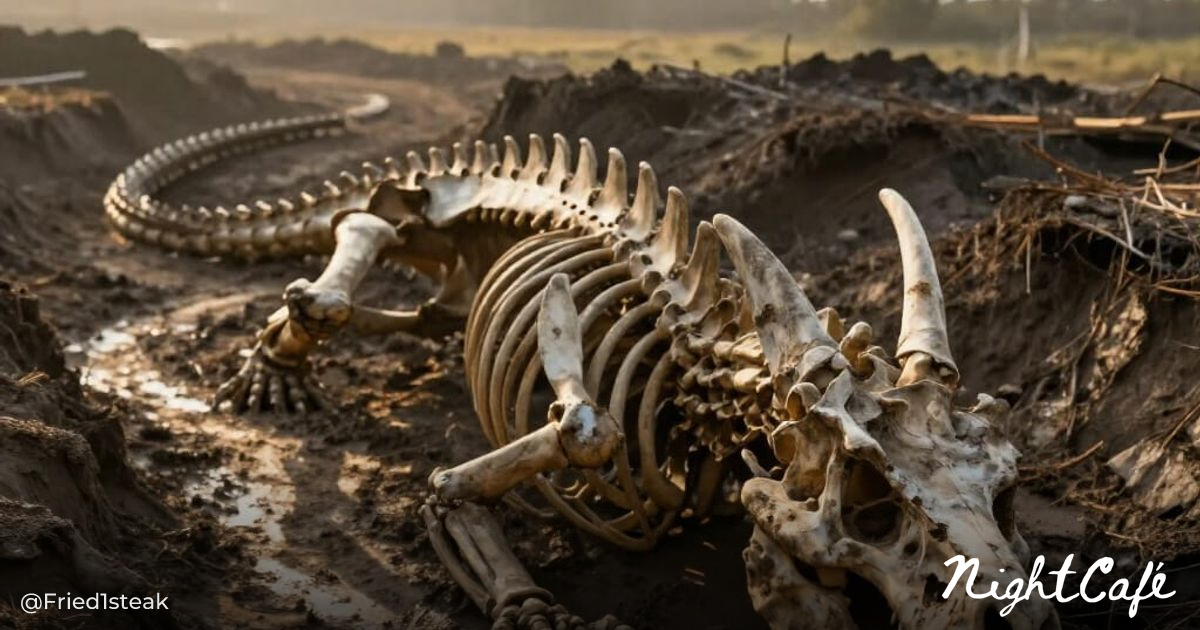 Dragon Skeleton Emerges from Muddy Trail in Golden... - AI Art