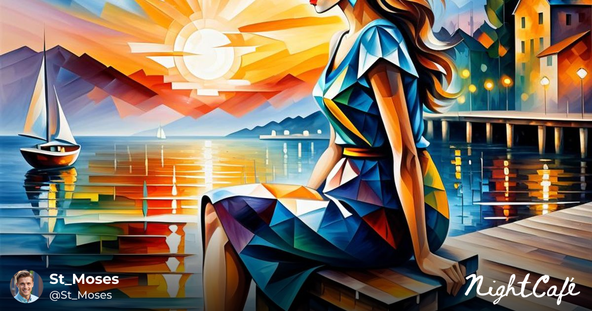 Woman on Pier at Sunset in Cubist Style - AI Art