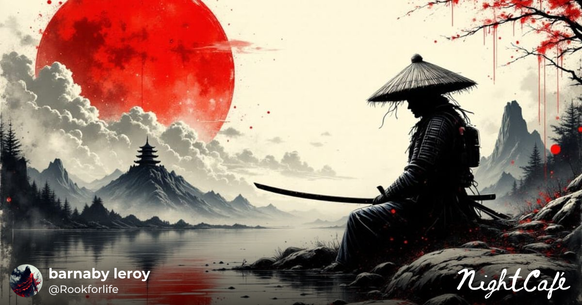 A lone samurai sits by a reflective body of water, dressed in ...