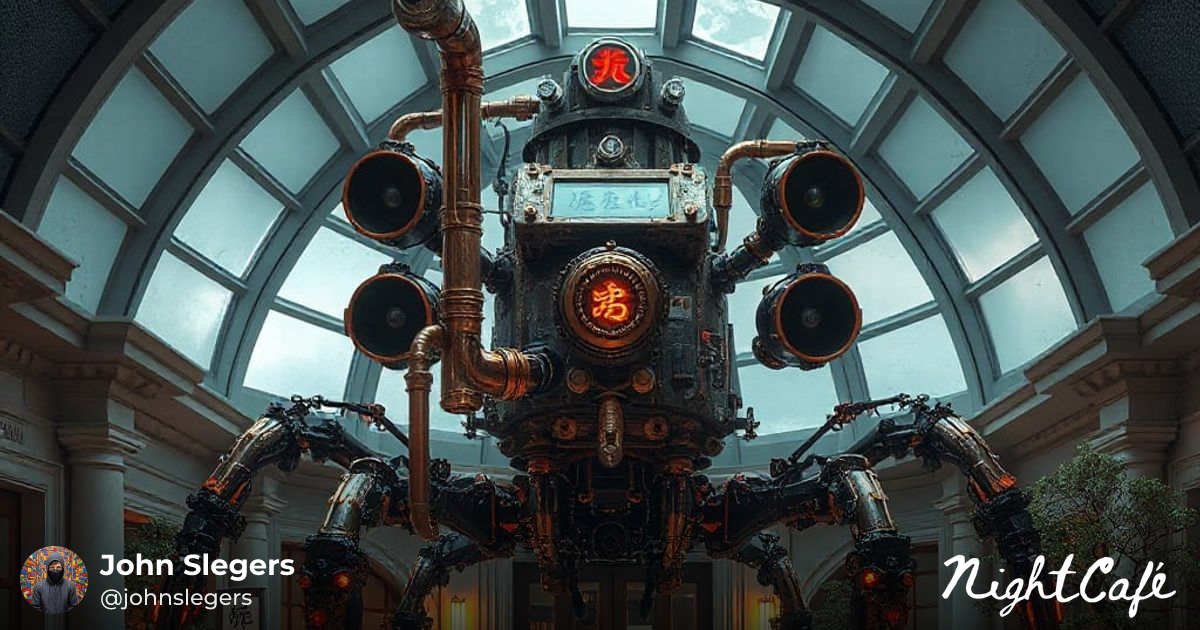 Dieselpunk Mecha Robot Strolls Through Elegant Jap... - AI Art