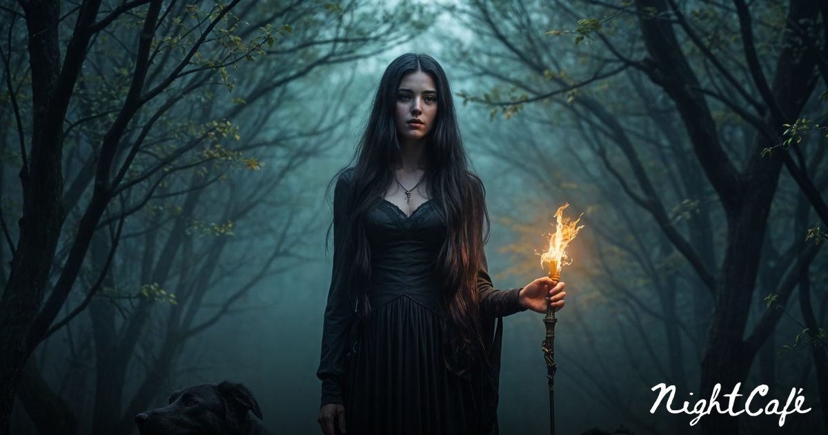 Goddess Hekate with Torch and Dogs in Forest - AI Art