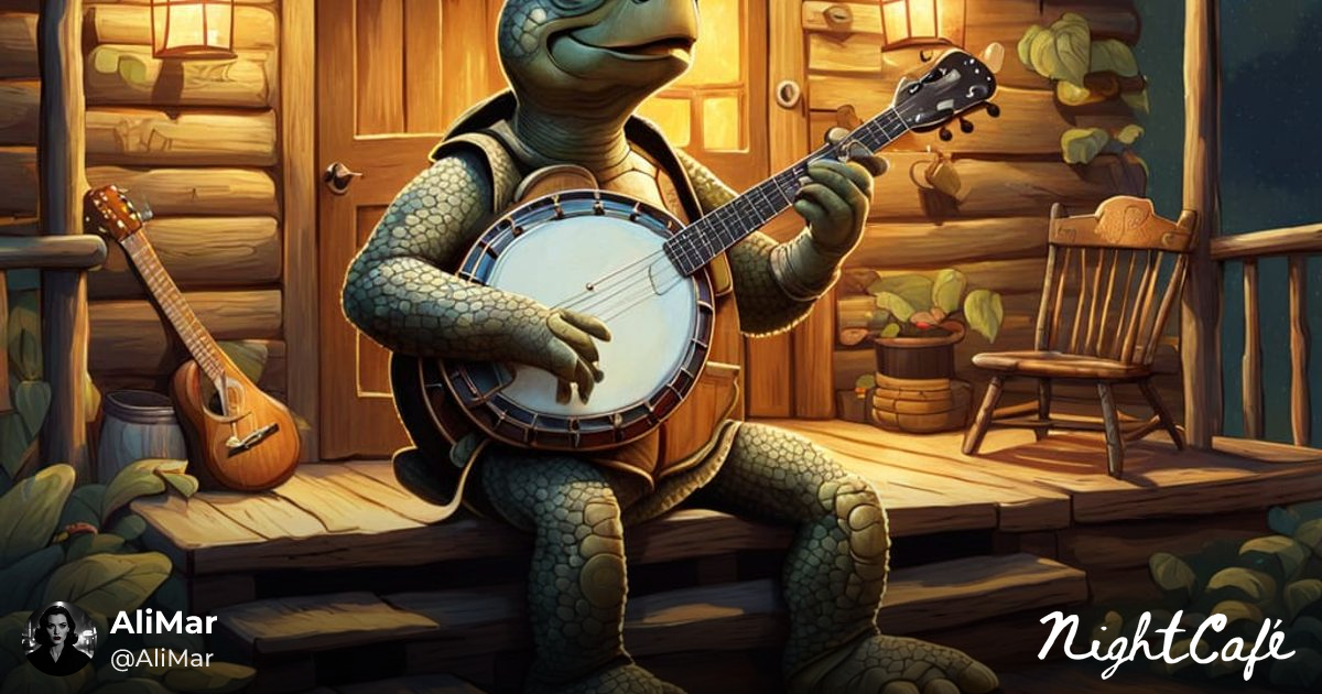 Singing Turtle 5 - Folk Art Turtle Plays Banjo at Log Cabin