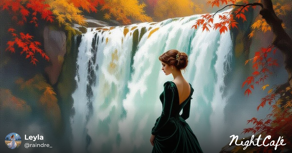 Woman in Emerald Gown by Waterfall in Autumn Oil P... - AI Art