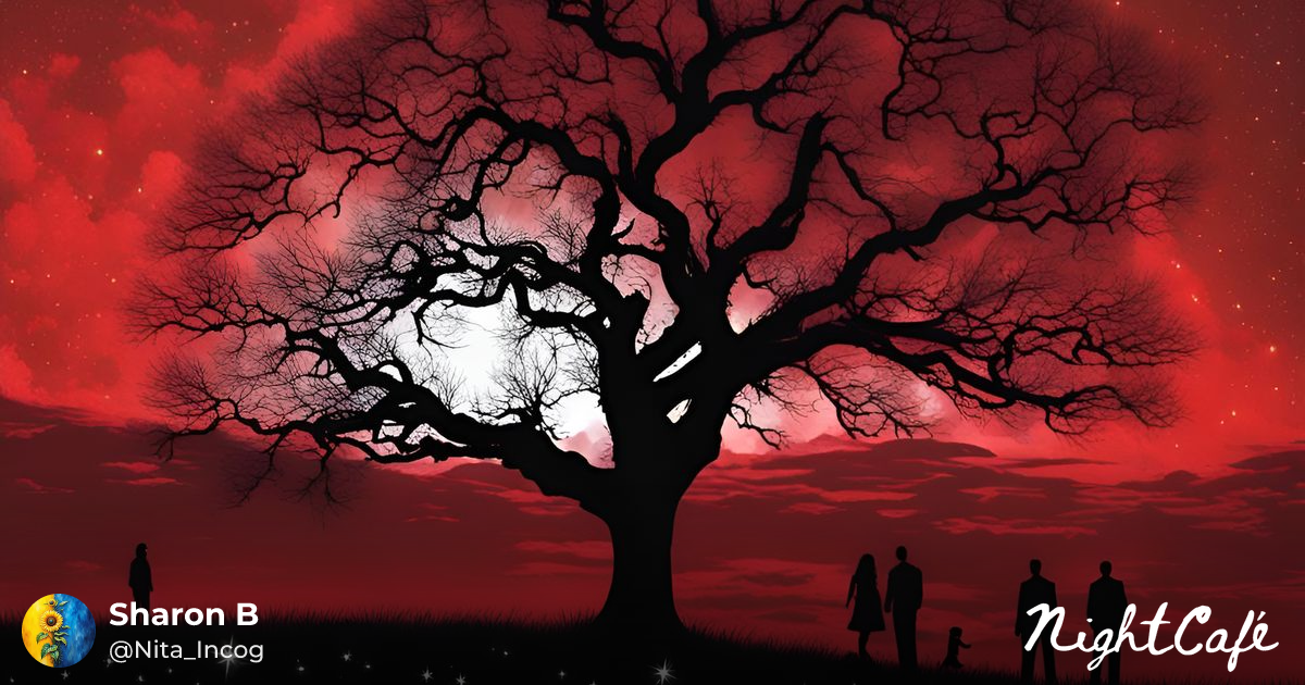 Surreal One Tree Hill Landscape with Red Moon - AI Art