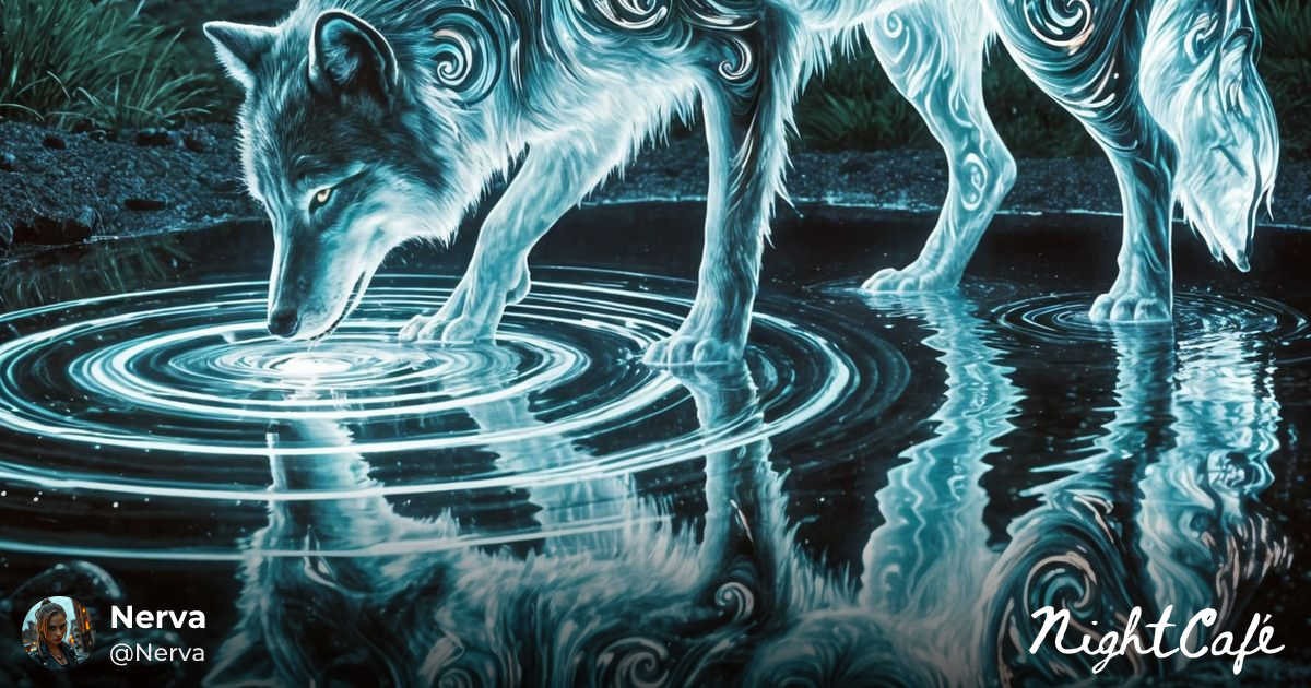 Ethereal Wolf - Mystical Iridescent Wolf Drinking at Moonlit...
