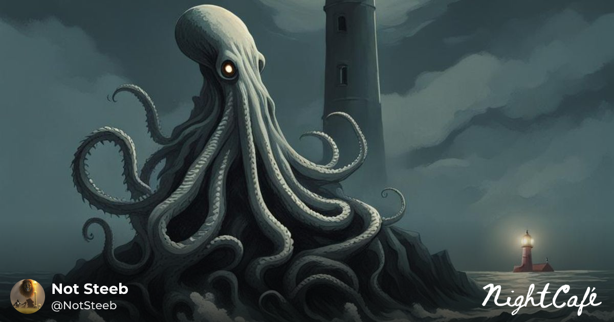 Kraken guarding lighthouse under the moon