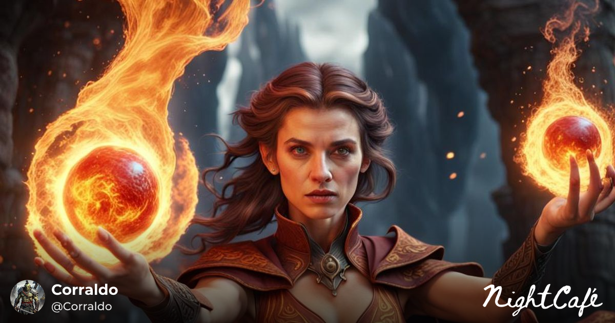 Female Sorcerer - Sorceress Casting Fireball Spell in Detai...