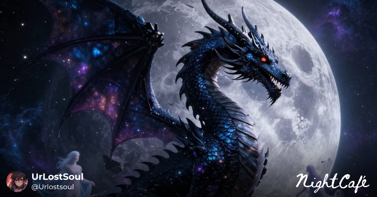 Obsidian Dragon Coiled Around Fractured Moon in Co... - AI Art