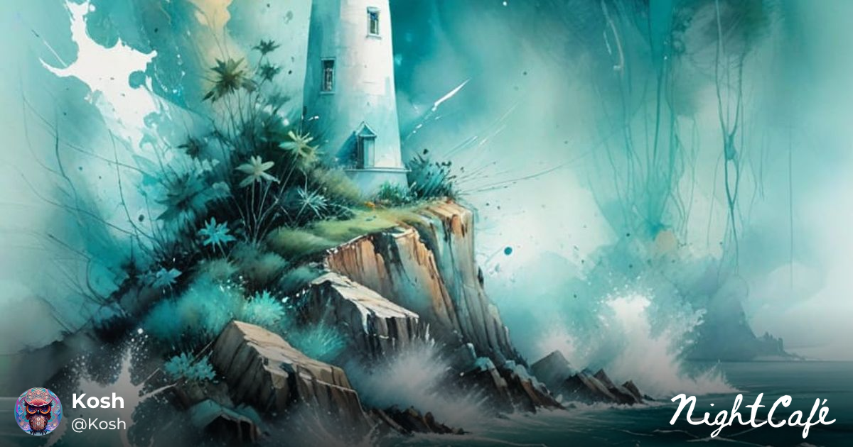 Turquoise Lighthouse in Misty Seascape: Watercolou... - AI Art