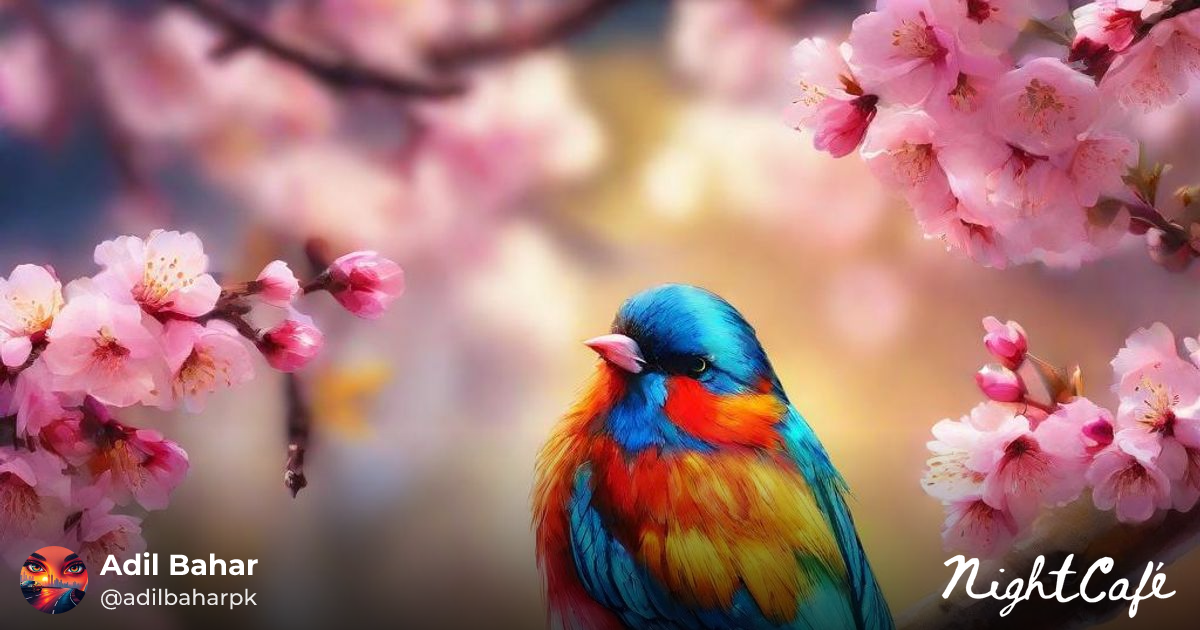 Colorful Bird on Cherry Branch, Neo-Impressionism - AI Art