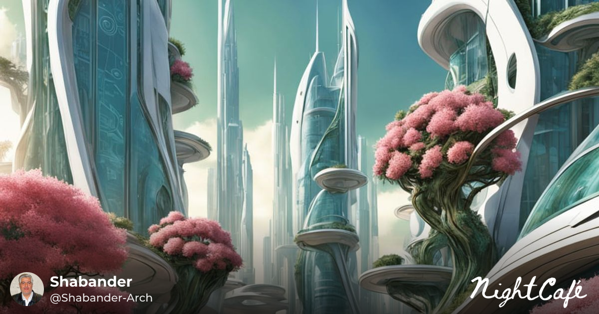A futuristic cityscape is built around a giant, ancient rose bush, with ...
