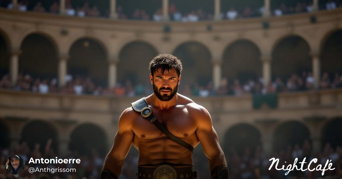 A gladiator stands in a sun-drenched arena