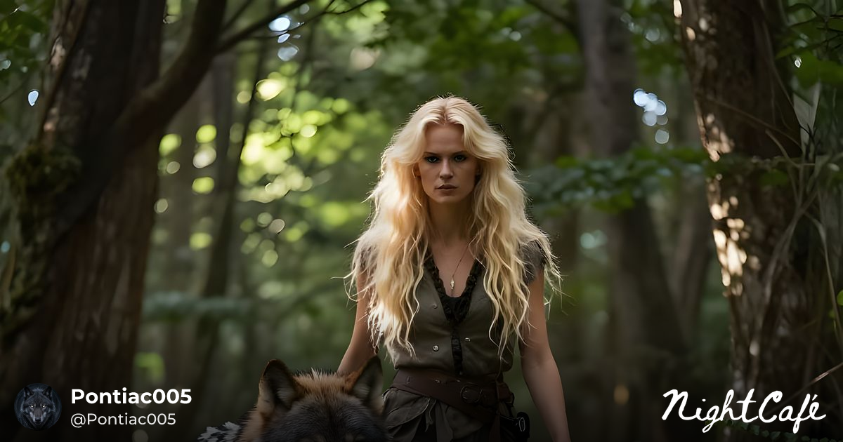 Feral Woman - Photorealistic Woman and Dire Wolf in Forest